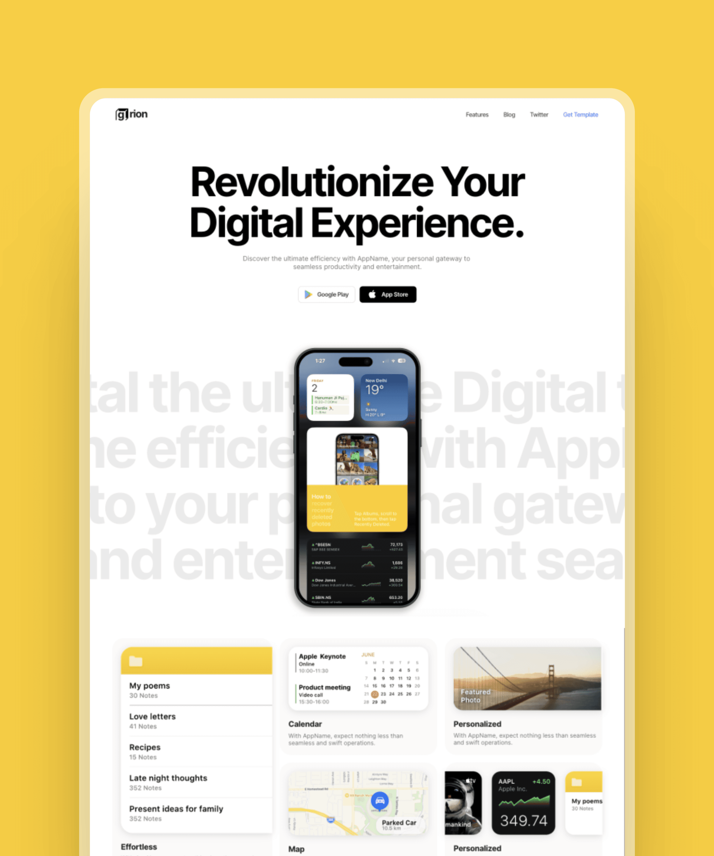 Grion - Mobile App Template - Framplates | Framer Templates